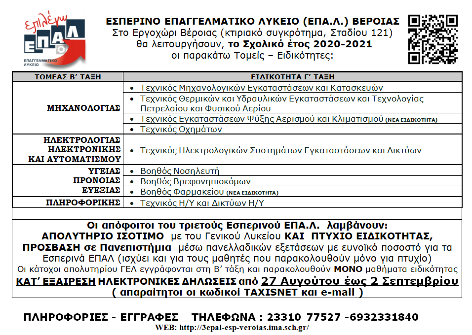 Εσπερινό ΕΠΑΛ Βέροιας: Κατ’ εξαίρεση Ηλεκτρονικές Εγγραφές - Faretra ...