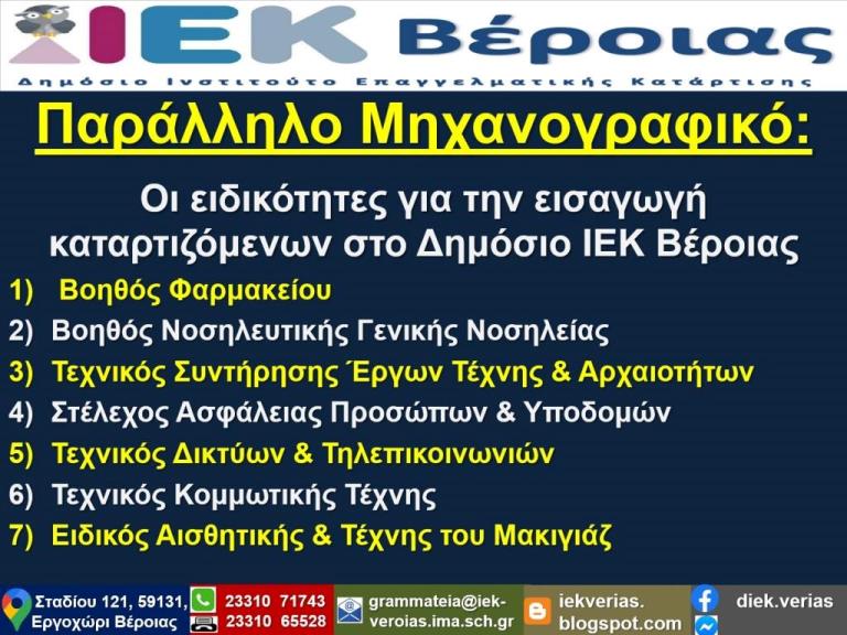 Ειδικότητες του ΙΕΚ Βέροιας στο Παράλληλο Μηχανογραφικό / Οι εγγραφές ...
